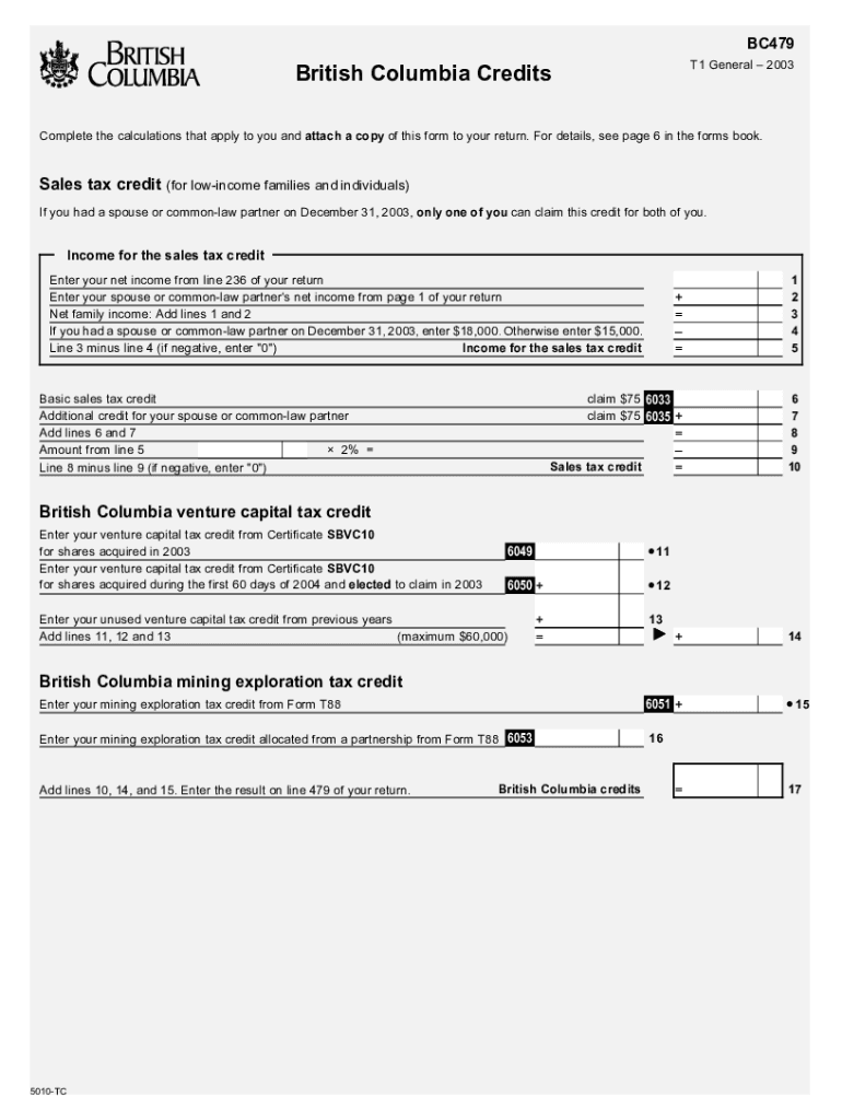 Fillable Online 5010-TC BC479 - British Columbia Credits - T1 General ...