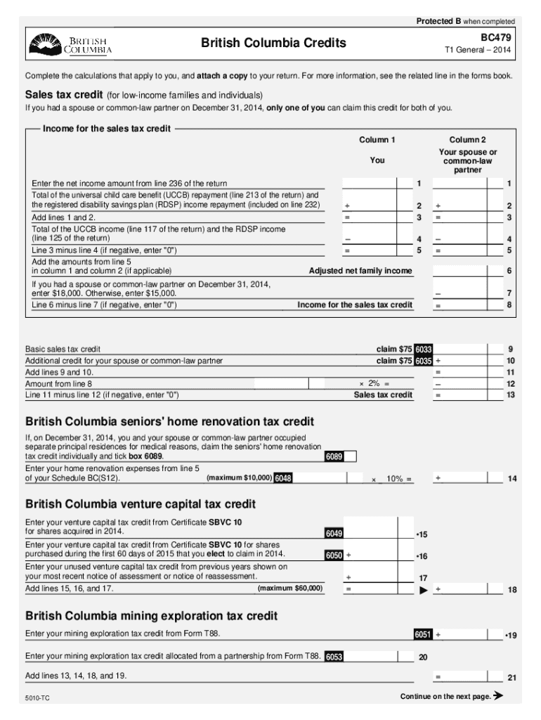 Fillable Online 5010-TC T1 General 2014 - BC479 - British Columbia ...
