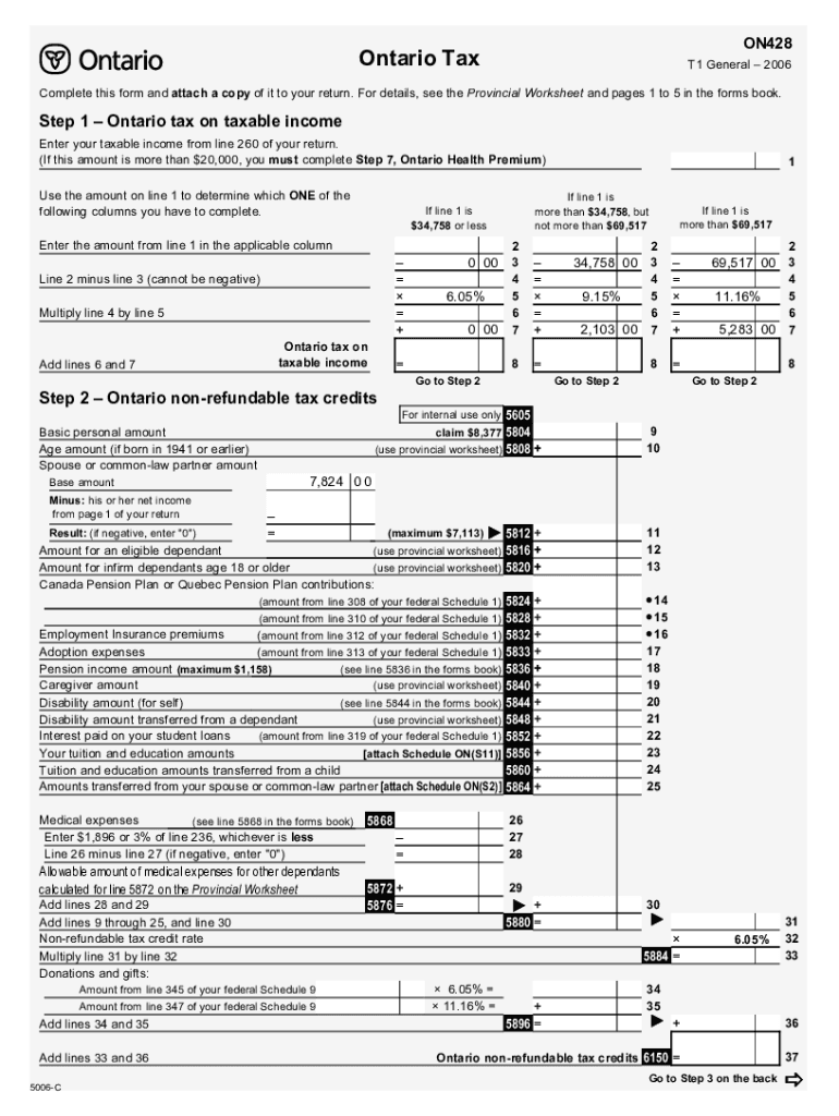 Fillable Online 5006-C ON 428 - Ontario Tax - T1 General 2006 pdfFiller ...