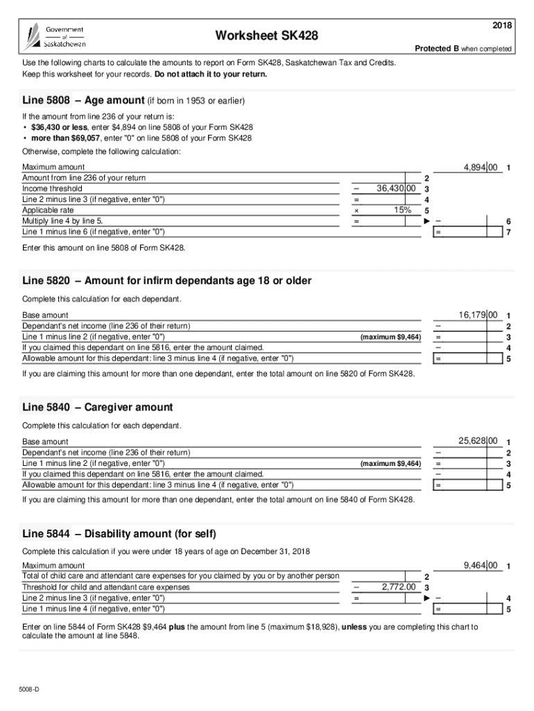 Fillable Online 5008-D Worksheet SK428 - Saskatchewan - 2018 pdfFiller ...