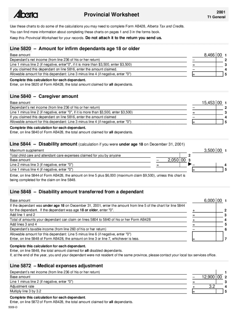 Fillable Online 5009-D Provincial Worksheet - Alberta - T1 General 2001 ...