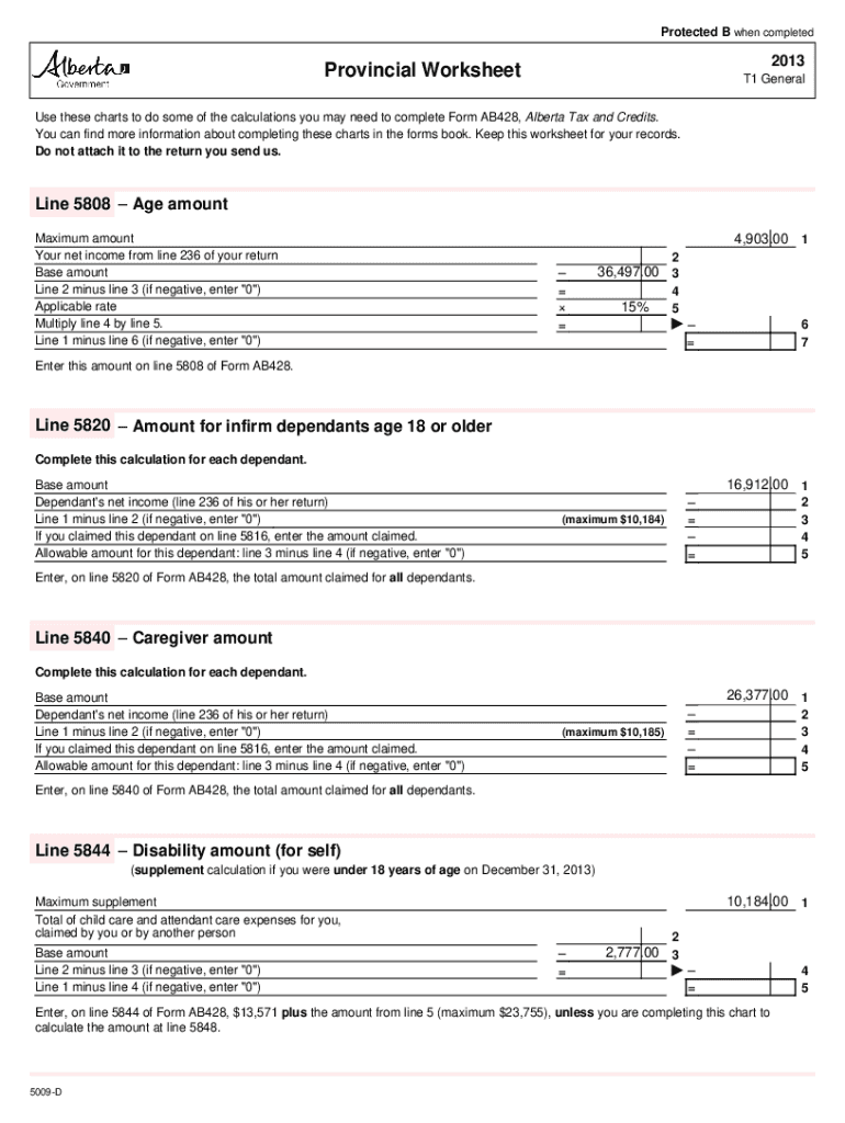 Fillable Online 5009-D T1 General 2013 - Provincial Worksheet - Alberta ...