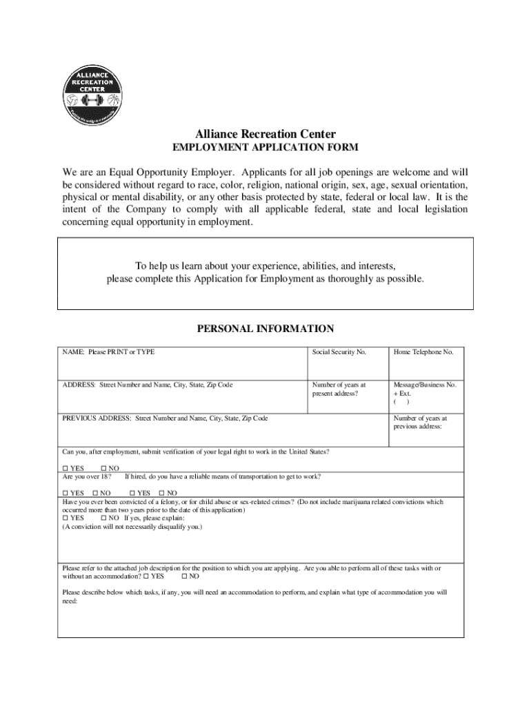 Fillable Online Alliance Recreation Center EMPLOYMENT APPLICATION FORM ...