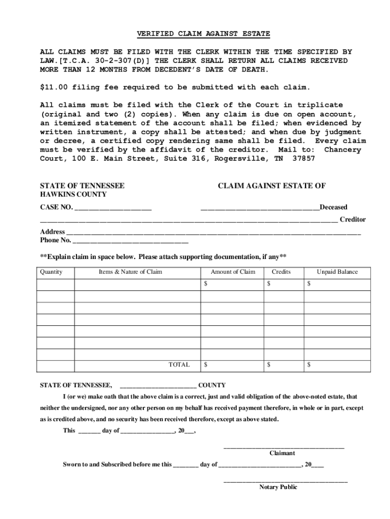 Fillable Online VERIFIED CLAIM AGAINST ESTATE ALL CLAIMS MUST BE FILED ...