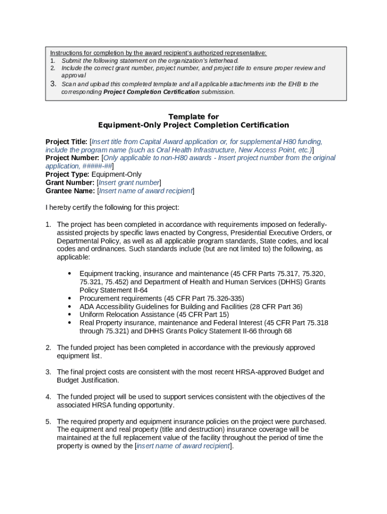 Template for Equipment Only Project Completion Certification. Project ...