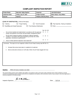 Fillable Online Complaint Inspection Report- Spread I, July 27 2018 Fax ...