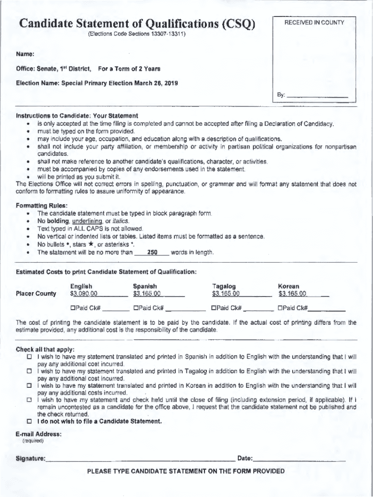 Fillable Online Candidate Statement of Qualifications Form Fax Email ...