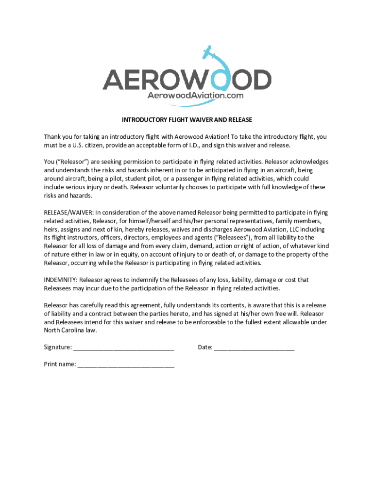 Fillable Online INTRODUCTORY FLIGHT WAIVER AND RELEASE - Aerowood ...