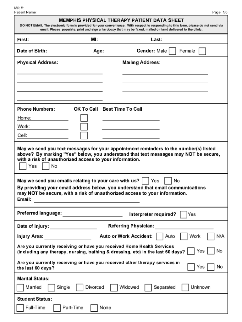 Fillable Online MEMPHIS PHYSICAL THERAPY PATIENT DATA SHEET Fax Email ...