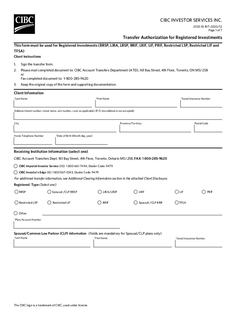 Fillable Online Transfer Authorization for Registered Investments. 2033 ...
