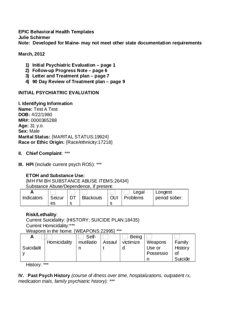 EPIC Behavioral Health Templates Doc Template | pdfFiller