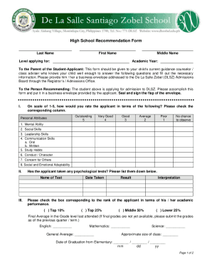 Fillable Online High School Recommendation Form - dlszobel.edu.ph Fax ...