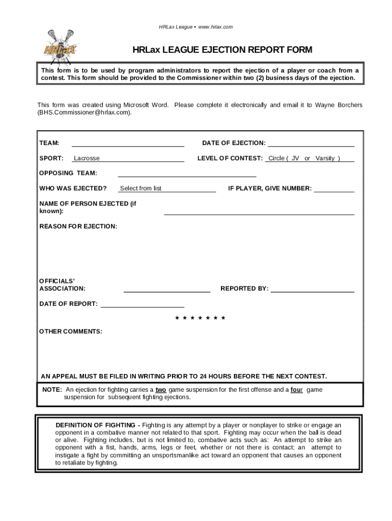 Ejection for Commissioners - Sport League Software Doc Template | pdfFiller