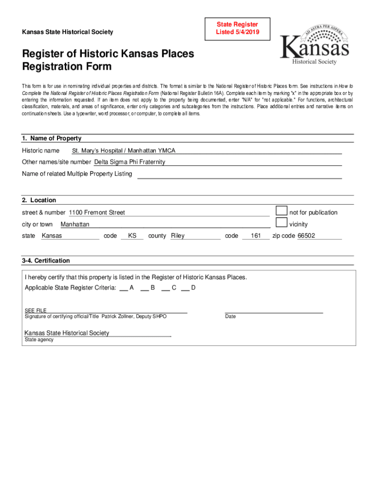 Fillable Online State Register Listed Register of Historic Kansas ...