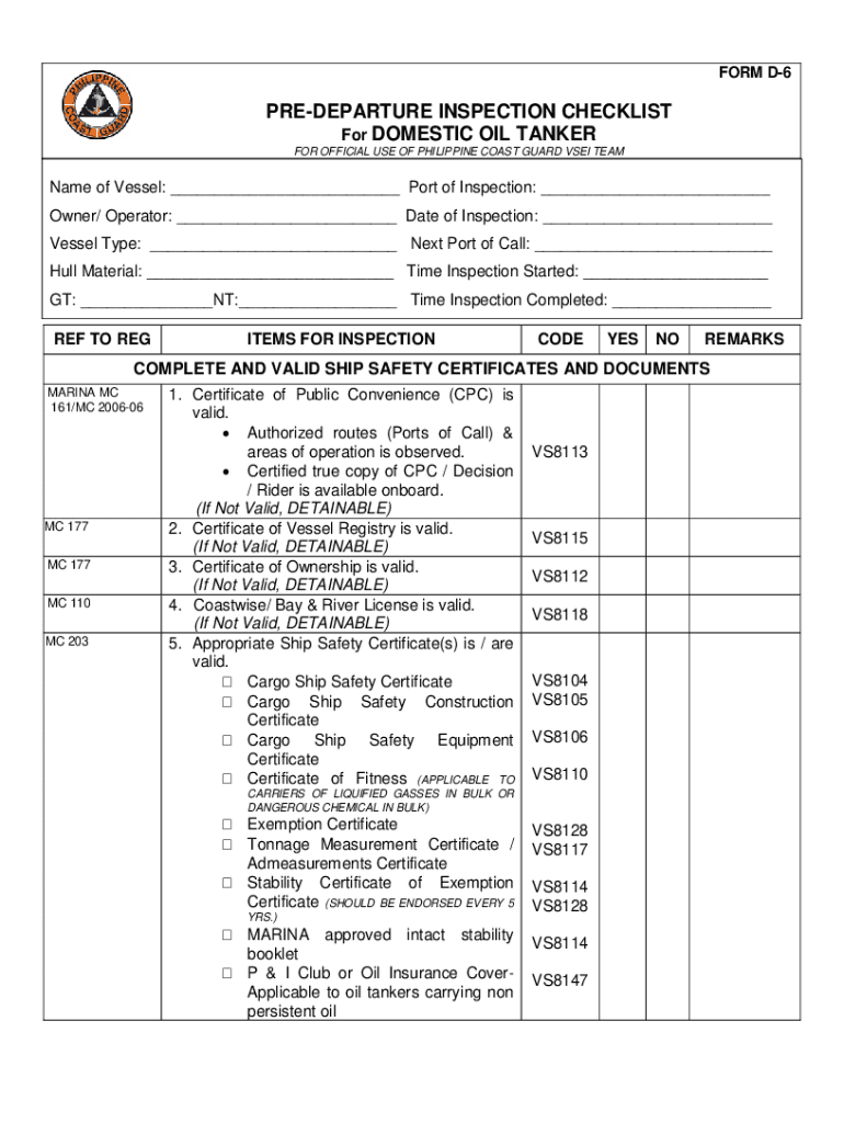 Fillable Online VESSEL VERIFICATION/INSPECTION CHECKLIST Fax Email ...
