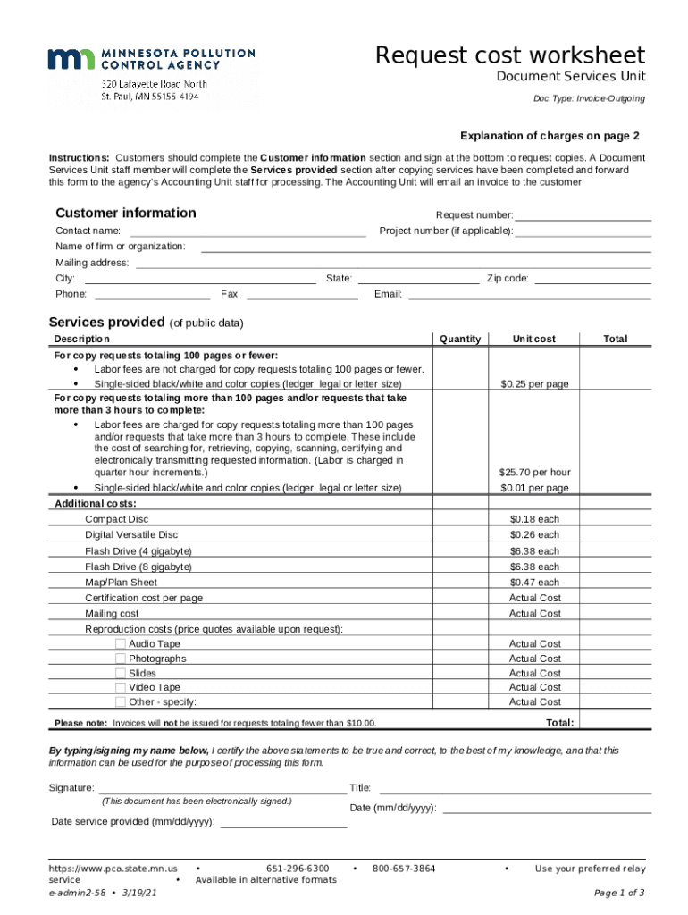 Request cost worksheet. This is completed by outside customers to ...