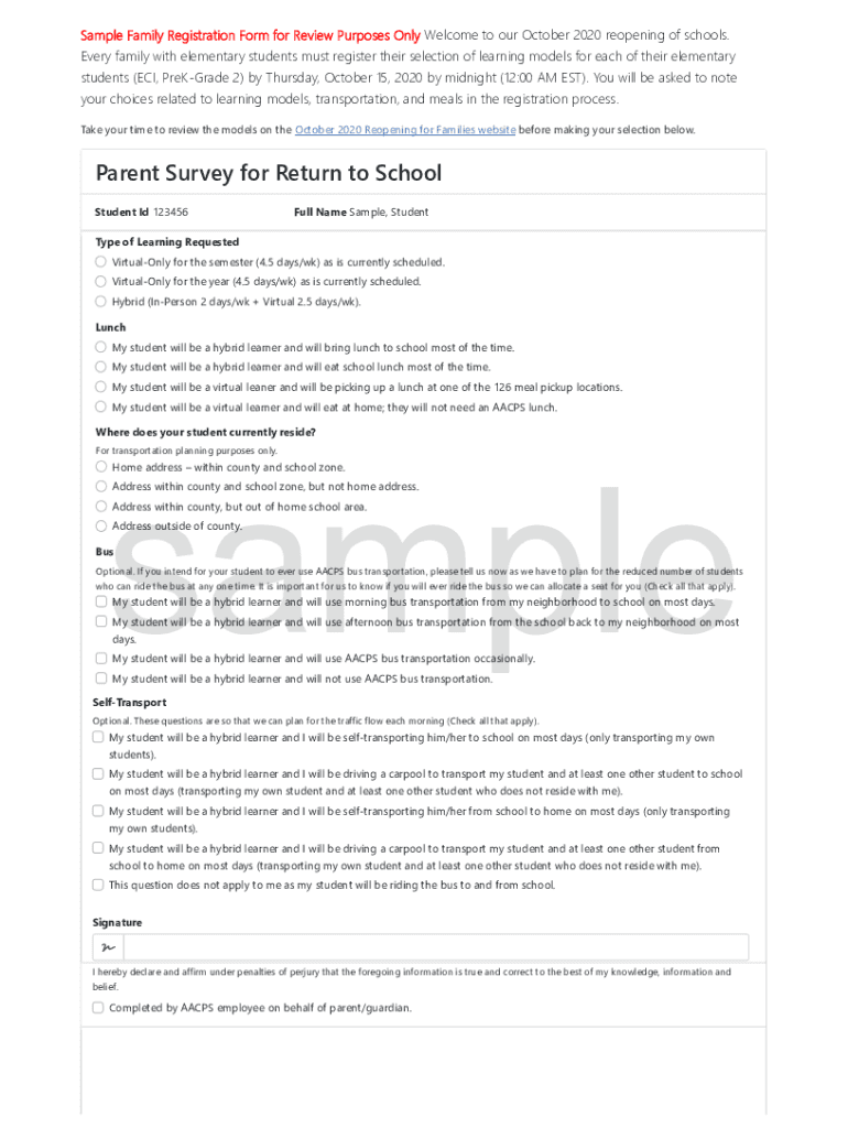 Fillable Online Student Electronic Forms Parent Survey for Return to ...