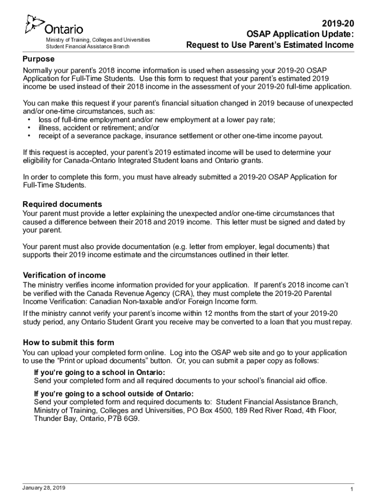 Fillable Online 2019-20 OSAP Application Update: Request to use Parent ...