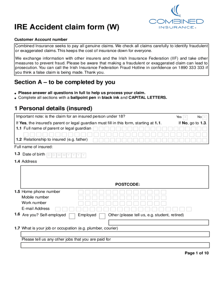 Fillable Online IRE Sickness claim form (W) - Combined Insurance Fax ...