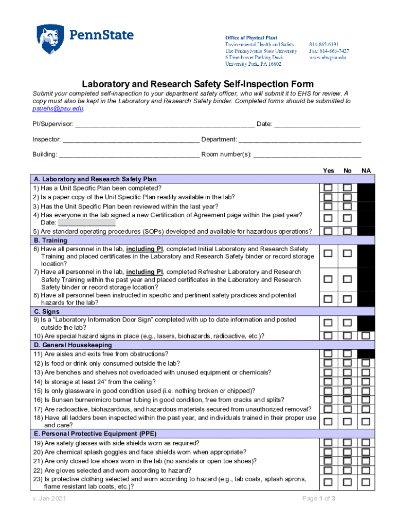 Fillable Online ehs psu Laboratory and Research Safety Self-Inspection ...