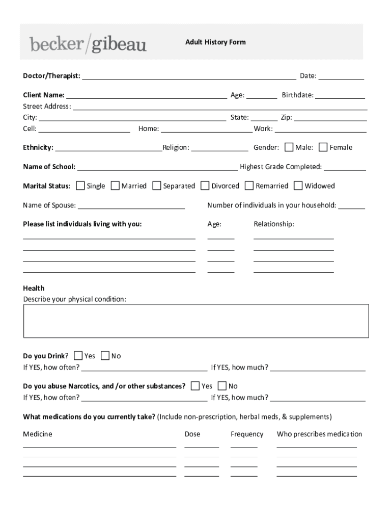 Fillable Online Adult History Form - Becker-Gibeau Fax Email Print ...