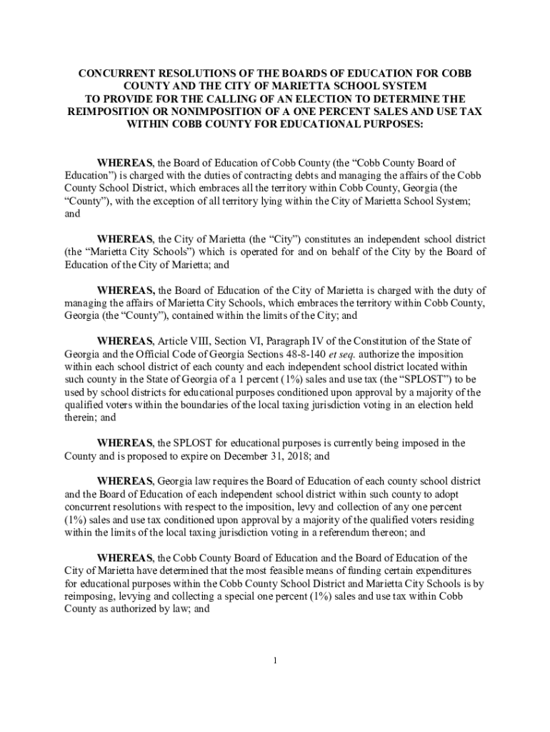 Fillable Online CONCURRENT RESOLUTIONS OF THE BOARDS OF EDUCATION FOR COBB ... Fax Email Print ...