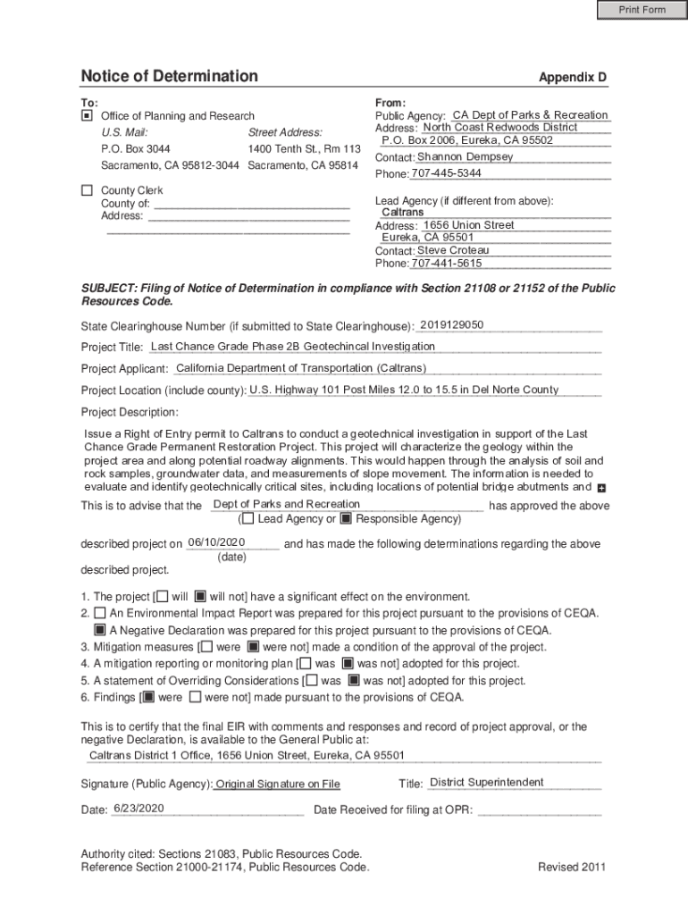 Fillable Online Notice of Determination - CA State Parks Fax Email ...