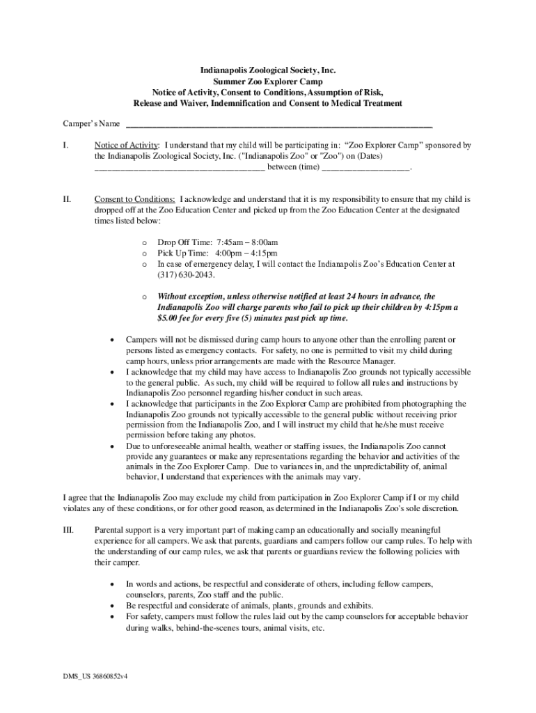 Fillable Online Indianapolis Zoological Society, Inc. Zoo Summer Camp Notice ... Fax Email Print ...
