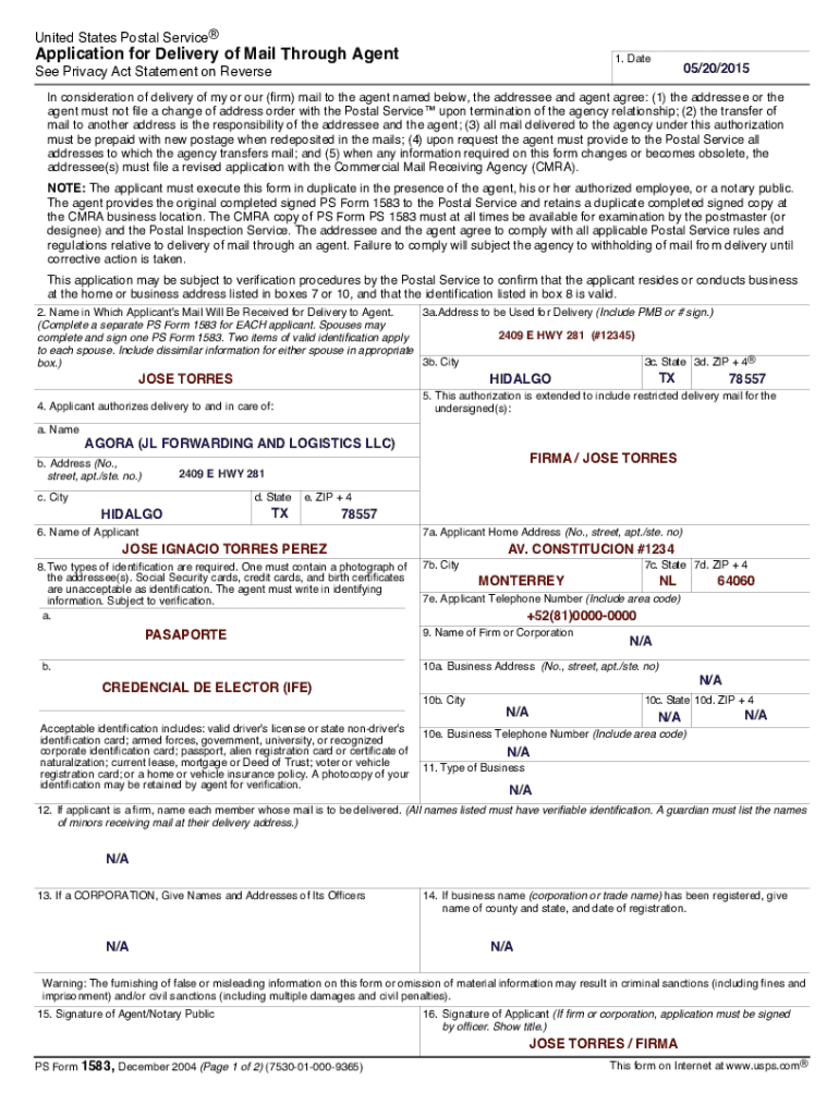Fillable Online PS Form 1583 "Application for Delivery of Mail Through ...