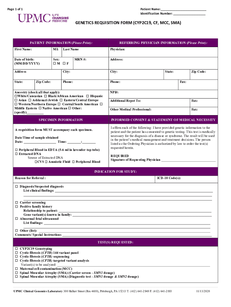Fillable Online S REQUISITION FORM (CYP2C19, CF, MCC, SMA) GENETIC Fax Email Print - pdfFiller
