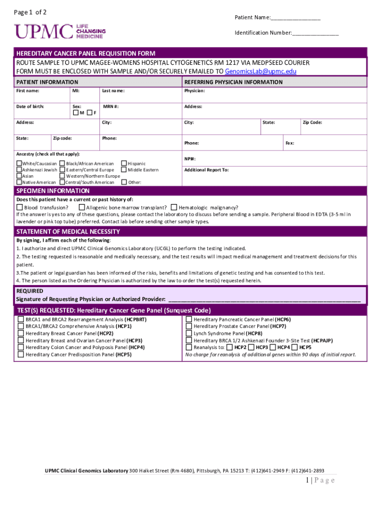 Fillable Online HEREDITARY CANCER PANEL REQUISITION FORM ROUTE SAMPLE ...