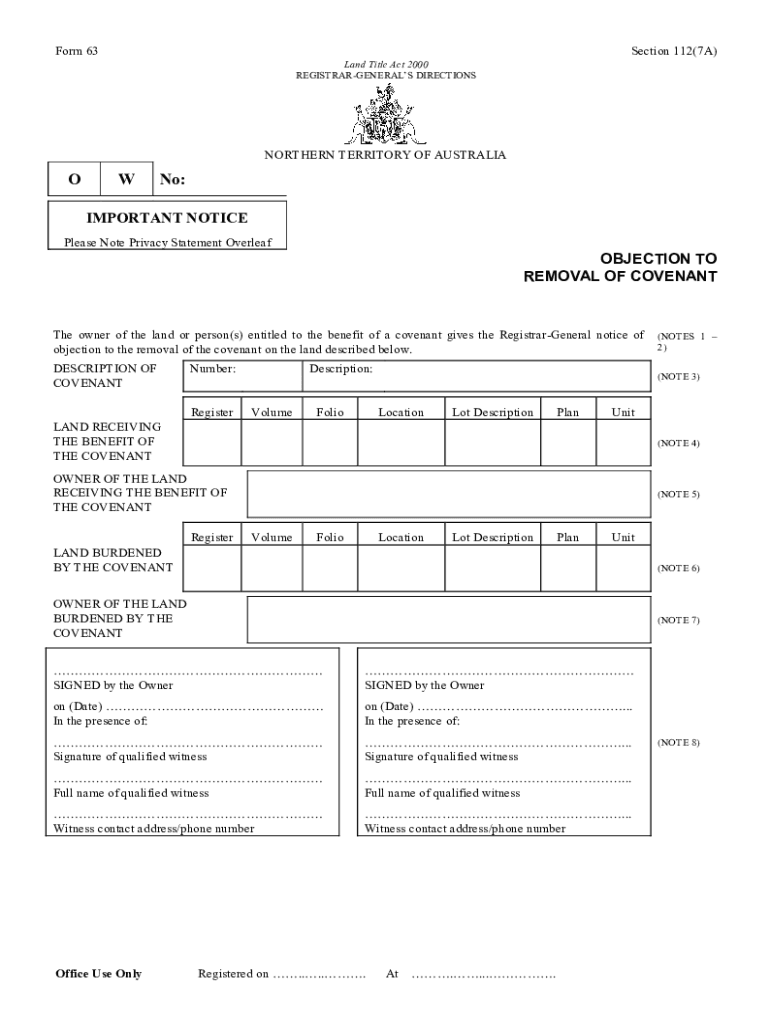 Fillable Online nt gov Form no. 63 -Objection to removal of covenant ...