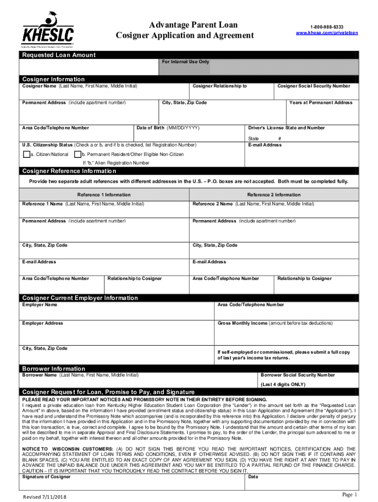 Fillable Online Fillable Online Advantage Parent Loan Cosigner ...