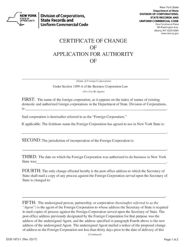 Fillable Online dos ny CERTIFICATE OF CHANGE APPLICATION FOR AUTHORITY ...