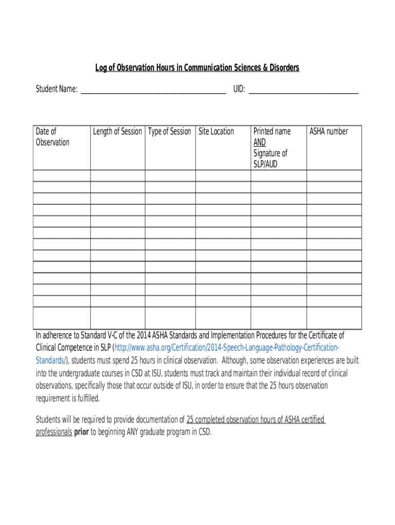 Log of Observation Hours in Communication Sciences & Disorders Doc ...