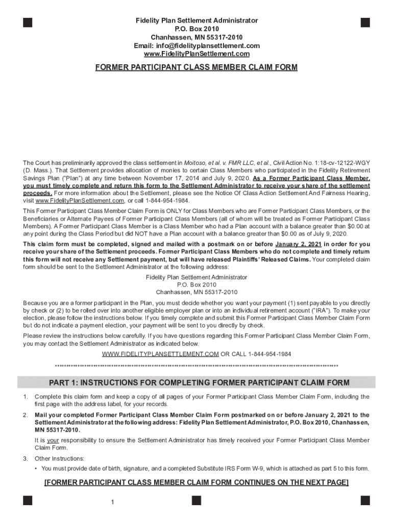 Fillable Online FORMER PARTICIPANT CLASS MEMBER CLAIM FORM Fax Email ...
