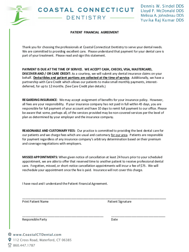 Fillable Online PATIENT FINANCIAL AGREEMENT PAYMENT IS DUE AT THE TIME ...