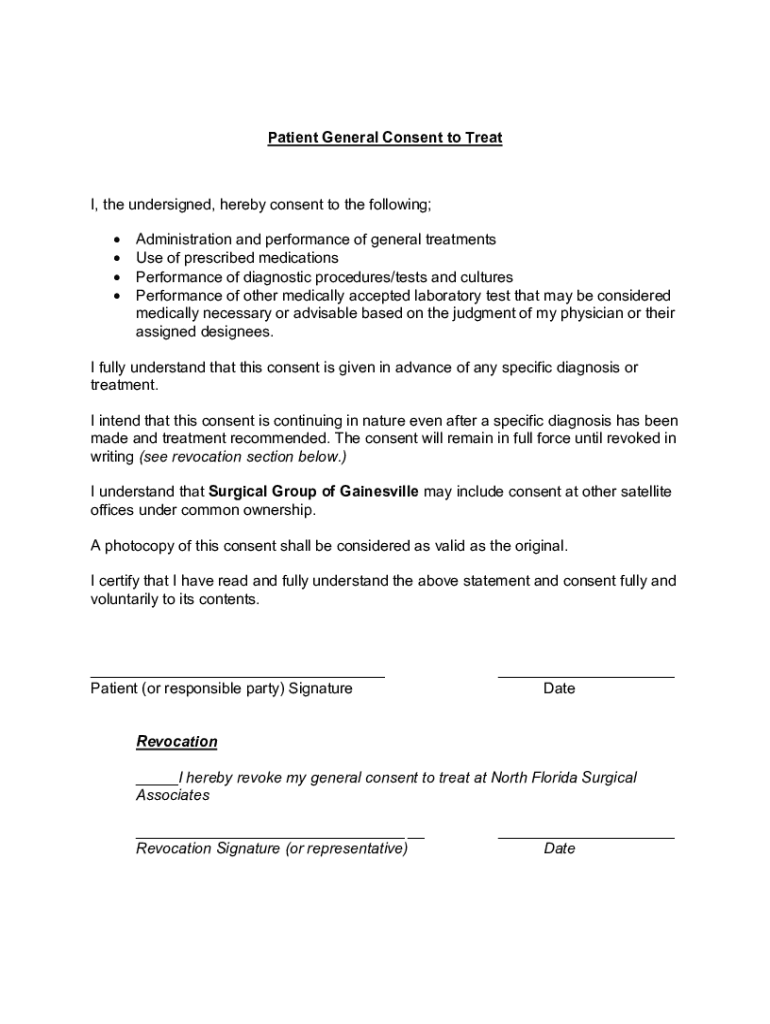 Fillable Online Patient General Consent to Treat. Form Fax Email Print ...