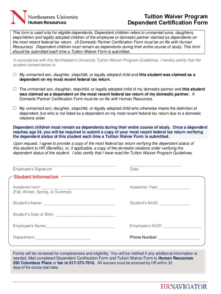Fillable Online Tuition Waiver Program Dependent Certification Form Fax ...