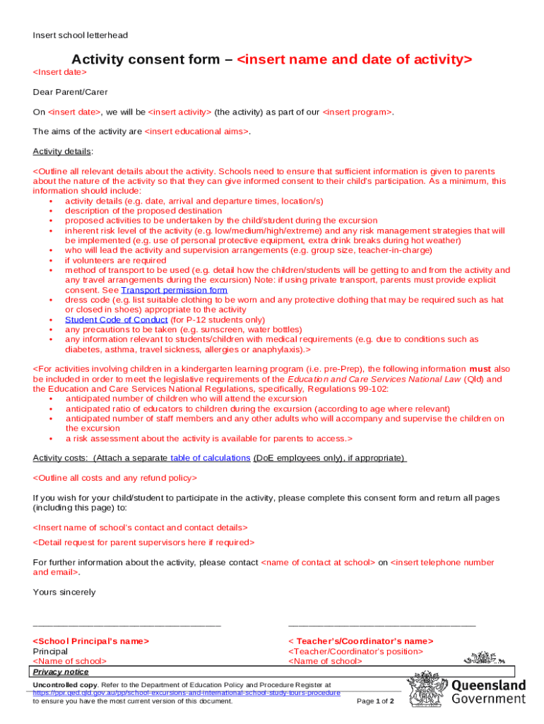Activity Consent ConsentCaregiver Doc Template | pdfFiller