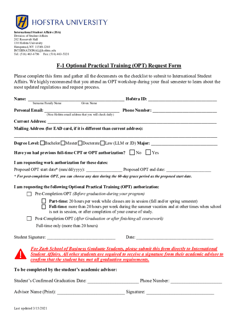 Fillable Online STEM OPT Extension Request Form - Hofstra University Fax Email Print - pdfFiller