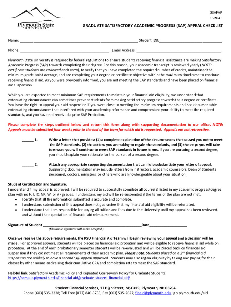 Fillable Online GRADUATE SATISFACTORY ACADEMIC PROGRESS (SAP) APPEAL ...