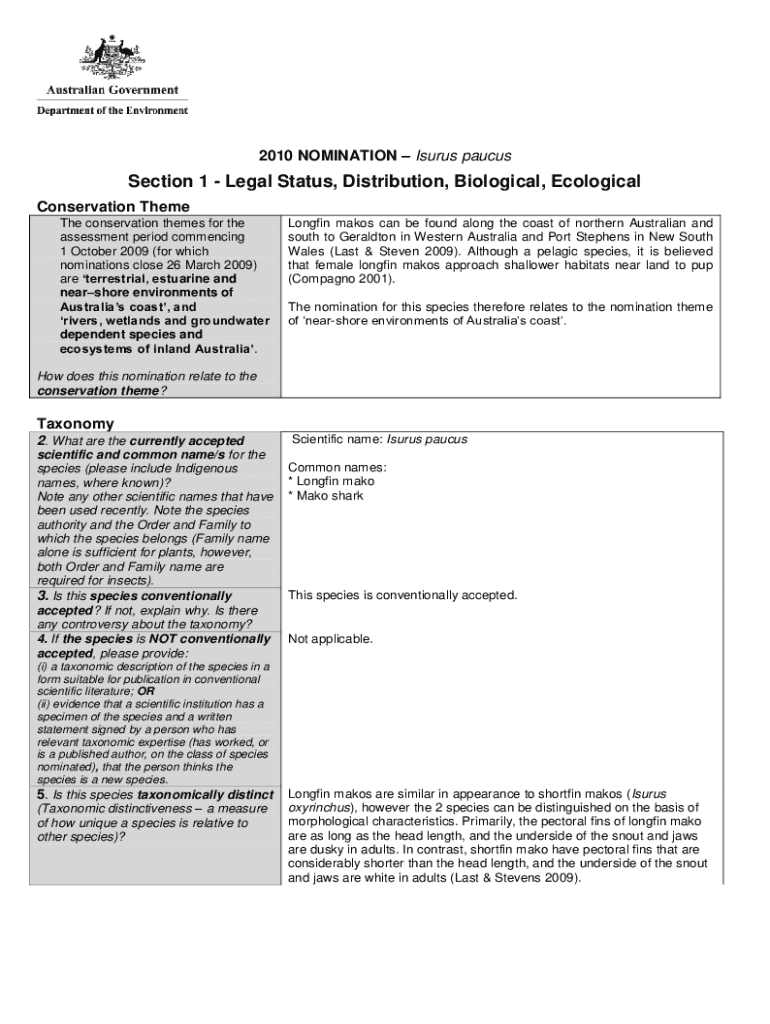 Fillable Online Threatened Species Nomination Form - Isurus paucus Fax Email Print - pdfFiller