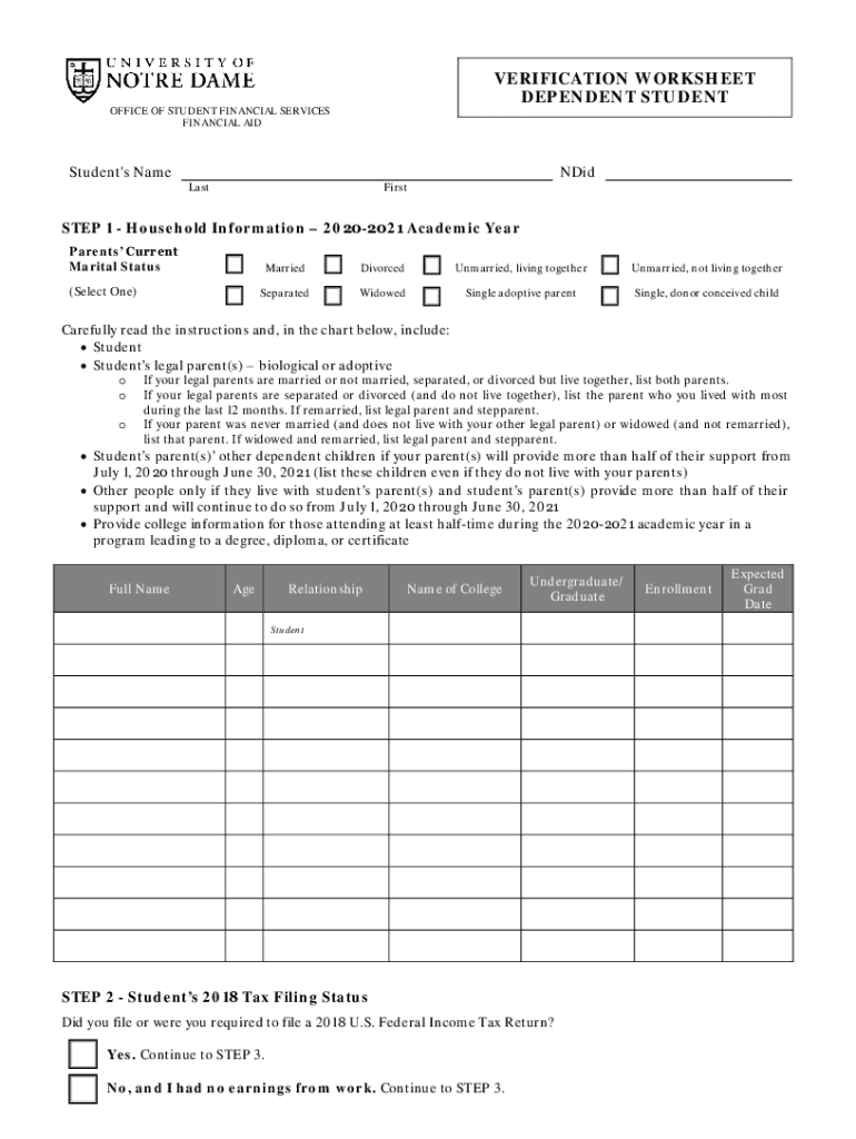 Fillable Online financialaid nd Fillable Online Verification Worksheet-Dependent Student ... Fax ...