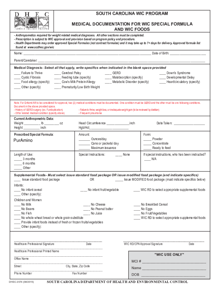 South Carolina WIC Special Formula Medical Documentation - Blank ...