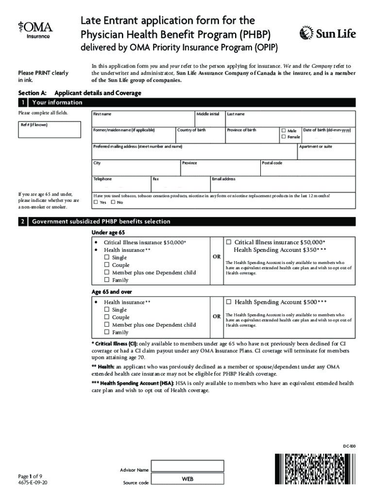 Fillable Online Late Entrant application form for the Physician Health ...