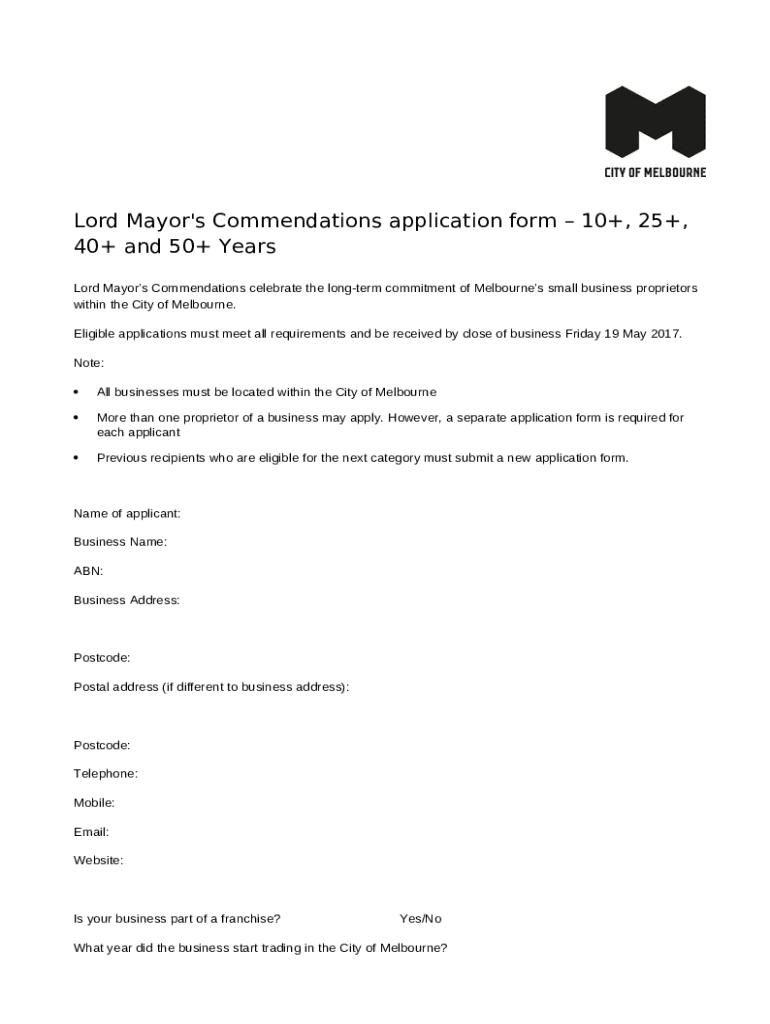 Lord Mayor's Commendations application - 10+ years Doc Template | pdfFiller