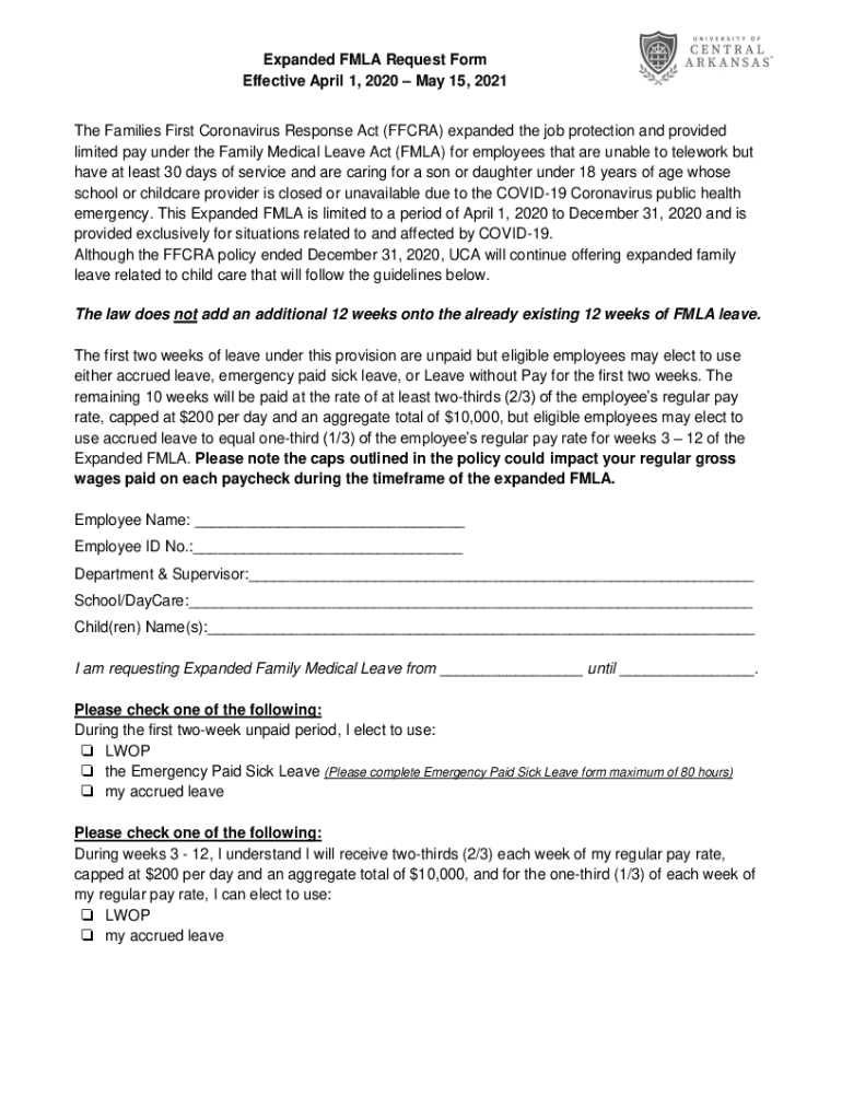 Fillable Online Expanded FMLA Request Form Effective April 1, 2020 Fax ...