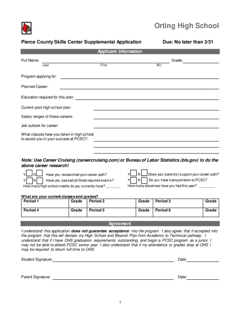 Fillable Online Pierce County Skills Center Supplemental Application ...