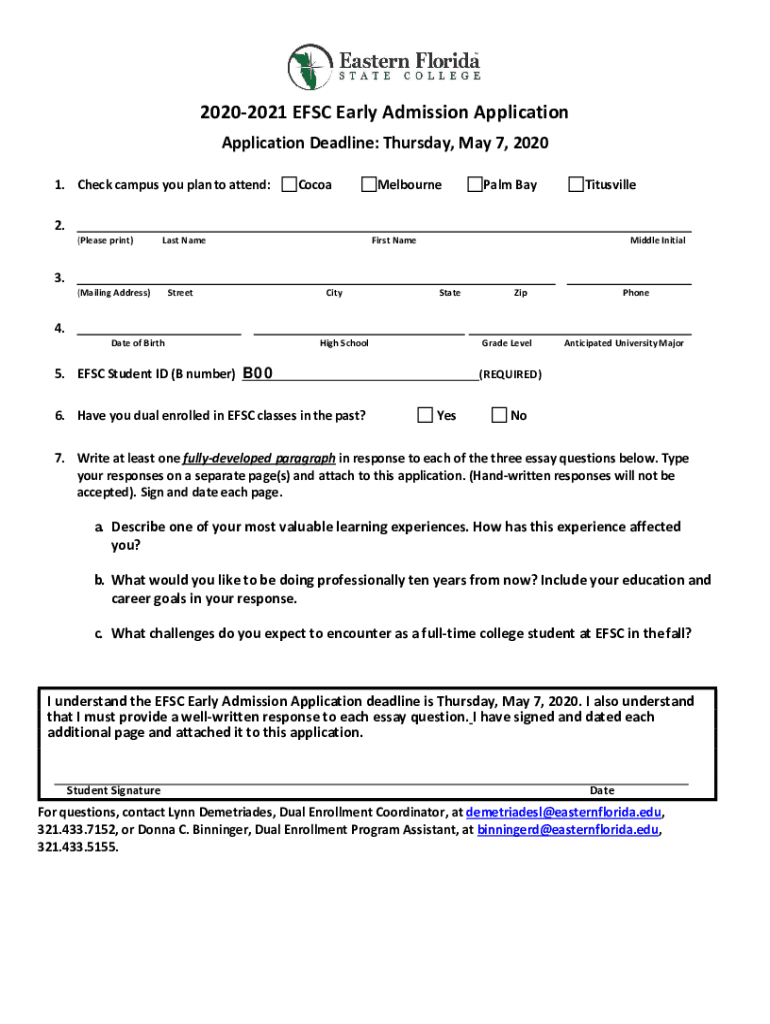 Fillable Online 2020-2021 EFSC Early Admission Application - Brevard ...